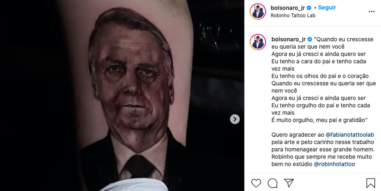 Filho 04 do presidente Bolsonaro tatua rosto do pai no braço - GRU Diário